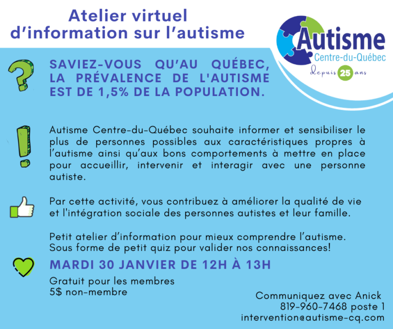 Atelier virtuel d'information sur l'autisme 2024 - Autisme Centre-du-Québec